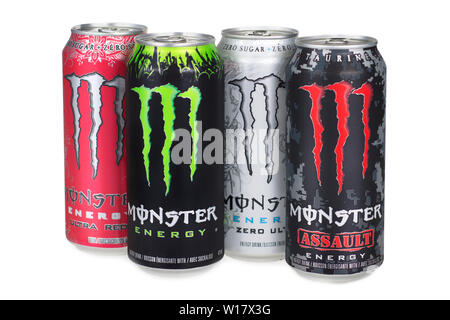 Cans of Monster energy drink white pineapple and watermelon over red ...