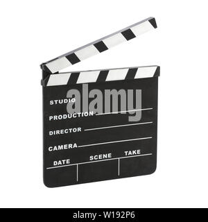 Classic hollywood chalk clapperboard angled right open isolated on a ...