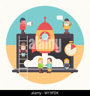 Concept of Teamwork and Business Startup. Cartoon Small People Sailing ...