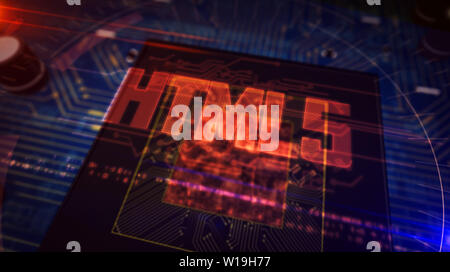 HTML5 glowing hologram over working cpu on digital background. Modern ...
