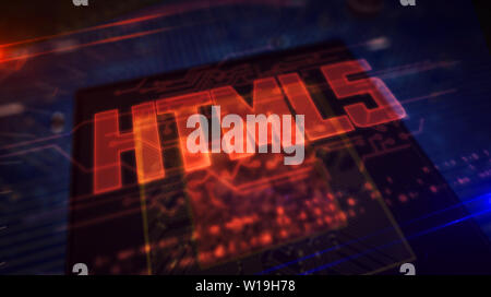 HTML5 glowing hologram over working cpu on digital background. Modern ...