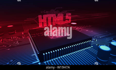 HTML5 glowing hologram over working cpu on digital background. Modern ...