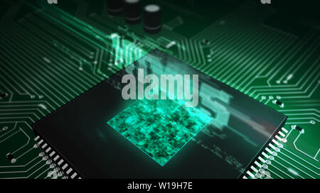 HTML5 glowing hologram over working cpu on digital background. Modern ...