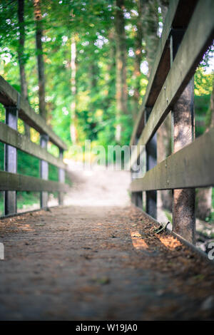 Wooden bridge in the forest, blurry background Stock Photo - Alamy