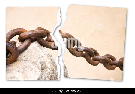 Breaking the chains - concept image with a ripped photo of an old rusty ...