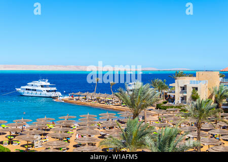 Hurghada, Egypt - April 17, 2019: Pictures of a water pool with bridge ...