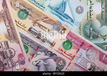 United Arab Emirates Dirham banknotes background. UAE Dirhams pattern ...