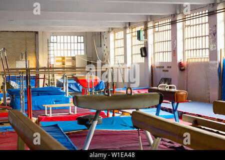 Various new gymnastic equipment at acrobatic center Stock Photo - Alamy