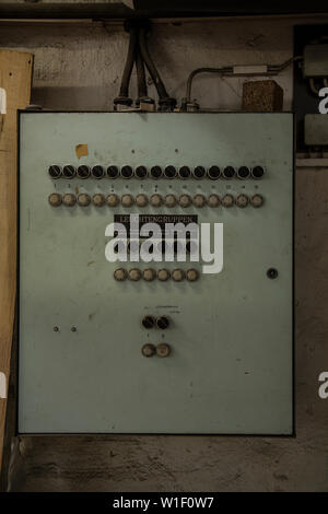 Side view of old electrical switch box inside rusty metal utility box ...