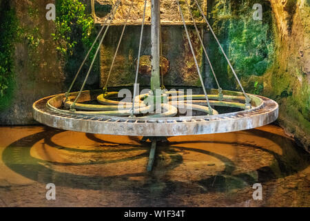 A horizontal water mill while it is stationary, prior to the sluice ...