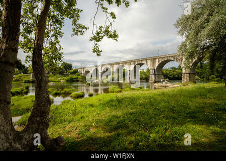 River beach in Vila Verde with a waterfall and water mill in Portugal ...