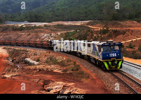 Empty ore wagons arriving at rail head for loading with iron ore ...