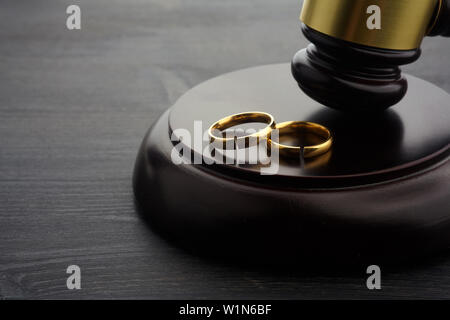 Divorce decree and two broken wedding rings. Divorce and separation ...