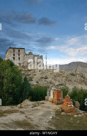 Monastery, gompa in Tsarang, Charang, tibetian village with a buddhist ...