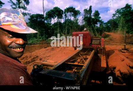 Morobe province of Papua New Guinea flag waving on the top sunrise mist ...