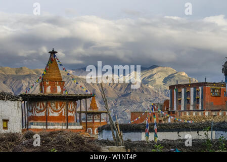 Monastery, gompa in Tsarang, Charang, tibetian village with a buddhist ...