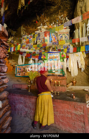 Ranchung Cave, Buddhist monastery, cave temple, gompa with prayer flags ...