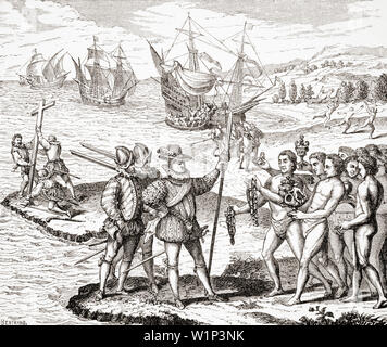 The Discovery of America by Christopher Columbus, 1492. A map plotting ...