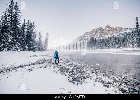 Man standing at Bow River, castle junction, Banff Town, Bow Valley ...
