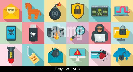 Cyber attack icons set. Flat set of cyber attack vector icons for web ...