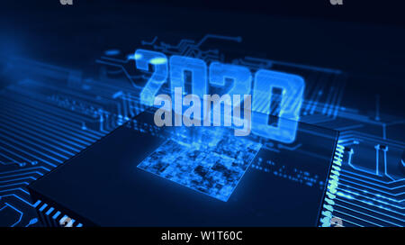 2020 year glowing hologram over working cpu in background. Modern and ...