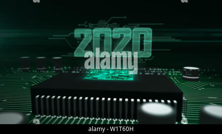 2020 year glowing hologram over working cpu in background. Modern and ...