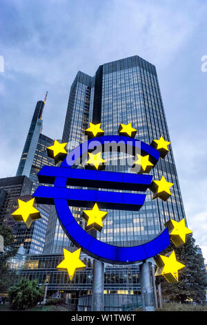 FRANKFURT, GERMANY - The symbol of the euro for the Euro Tower where ...