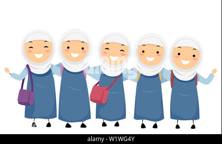 Illustration of Stickman Kids Muslim Girls Wearing Hijab and Basketball ...