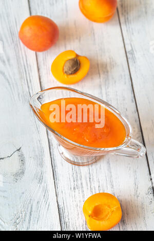 Fresh apricots, bright orange jelly candies and mint leaves beside two ...