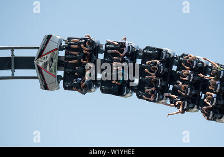 Rust, Germany. 02nd July, 2019. Visitors ride the "Silver Star" roller ...