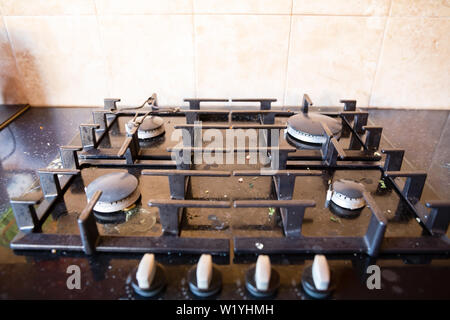 black metal kitchen stove close up in home kitchen. background gas ...