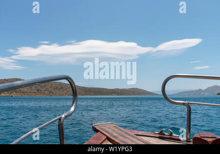 Gulf of Mirabello, Crete, Greece. June 2019. Bow of a small boat on the ...