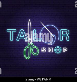 Tailor shop neon design or emblem. Vector illustration. Night neon ...