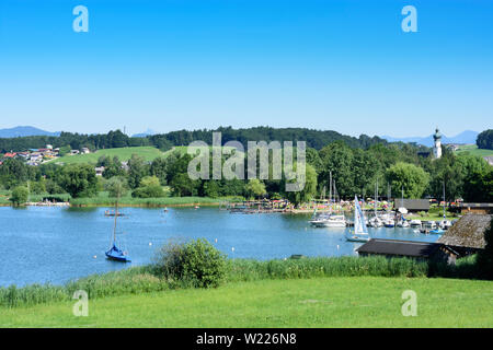 Obertrum am See: lake Obertrumer See, lido, bather, church, sailboats ...