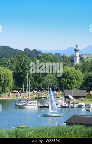 Obertrum am See: lake Obertrumer See, lido, bather, church, sailboats ...