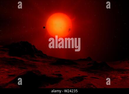 Illustration of a red dwarf star seen from the surface of an orbiting ...