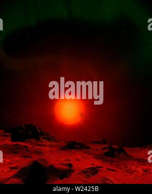 Illustration of a red dwarf star seen from the surface of an orbiting ...