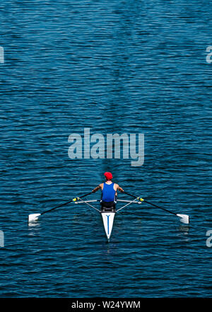 Single rowing skiff in race on river Neckar Heidelberg Germany Stock ...