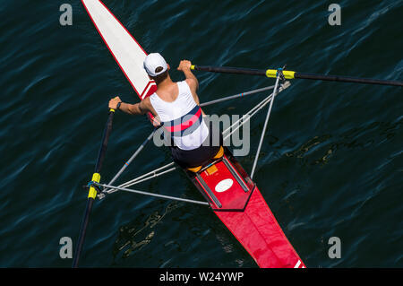 Single rowing skiff in race on river Neckar Heidelberg Germany Stock ...