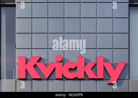 Kvickly logo on a wall. Kvickly is a chain of supermarkets in Denmark ...