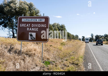 A road sign of the Great Dividing Range on the Carnarvon Highway is a ...