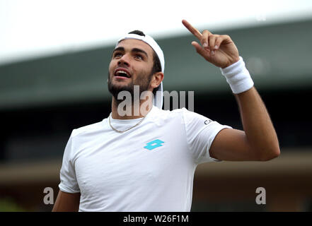 Matteo Berrettini reacts during his match against Lorenzo Sonego (not pictured) on day four of ...