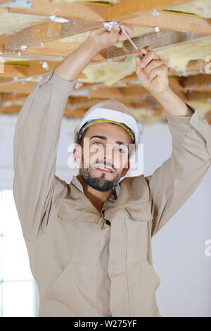 Construction worker fixing the ceiling Stock Photo - Alamy