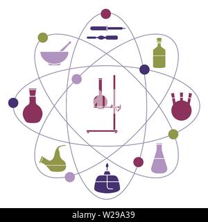 Vector illustration with atomic structure, glassware flasks, burner ...