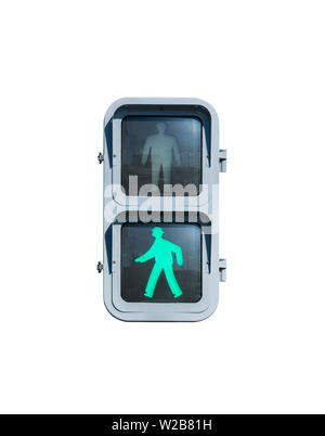 A green pedestrian signal is illuminated, indicating safe crossing for ...