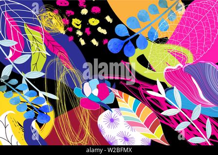 Tropical multicolored trendy pattern of foliage spots and flowers. Art ...