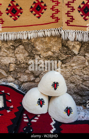 Albania, Kruja, town bazaar, Qeleshe traditional Albanian felt hats ...