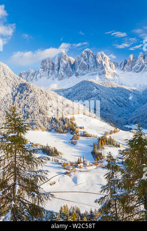 Winter snow St. Magdalena village Geisler Spitzen (3060m) Val di Funes ...