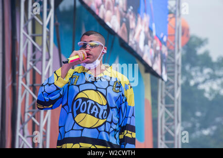 Puerto Rican singer Bad Bunny and Lady Gaga perform during the halftime ...