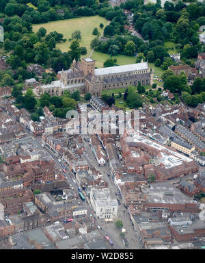 An aerial view of St Albans from the south with the Cathedral and ...